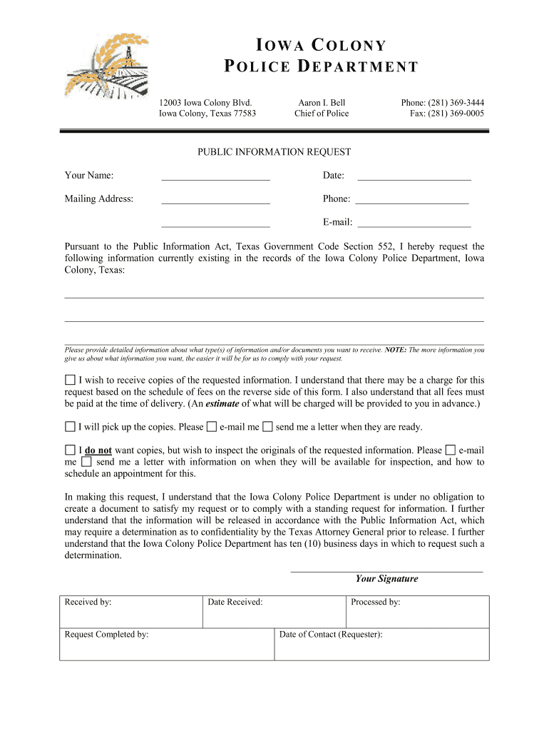 Fillable Online iowa colony police department Fax Email Print - pdfFiller