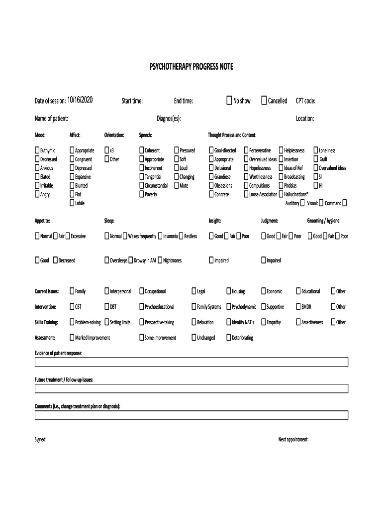 Psychotherapy Progress Note Fill Online Printable Fillable Blank 