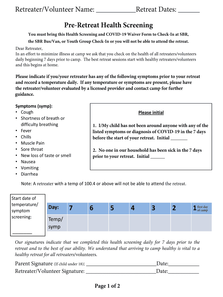 Fillable Online pre-camp health screening form - Wolf River Refuge Fax ...