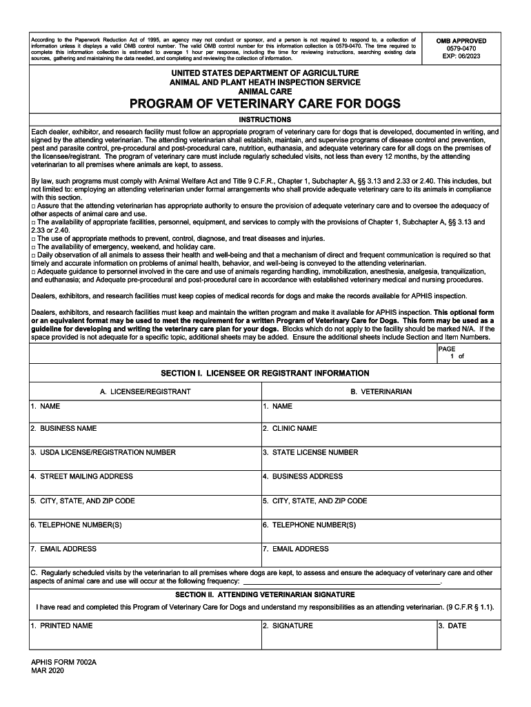 Fillable Online Program of Veterinary Care for Dogs (APHIS Form 7002a ...