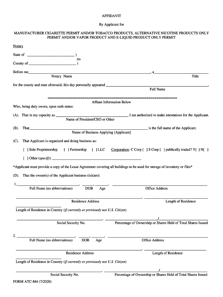 Fillable Online Affidavit for Manufacturer Cigarette Only Permit Fax ...