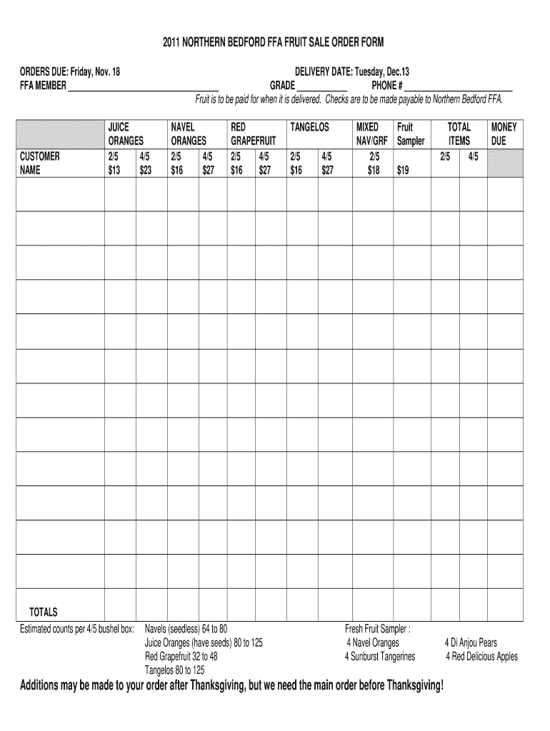 Fillable Online 1999 NORTHERN BEDFORD FFA FRUIT SALE ORDER FORM Fax ...