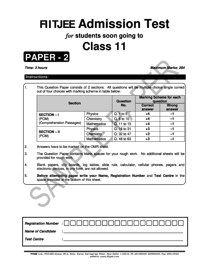 Fiitjee Sample Paper - Fill Online, Printable, Fillable, Blank | pdfFiller