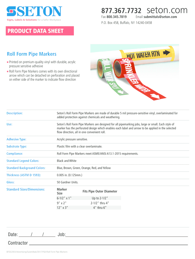 Fillable Online Seton Roll Form Pipe Markers. Setons Roll Form Pipe ...