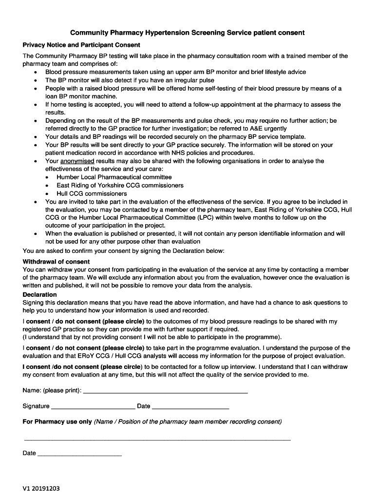 Fillable Online Community Pharmacy Hypertension Screening Service ...