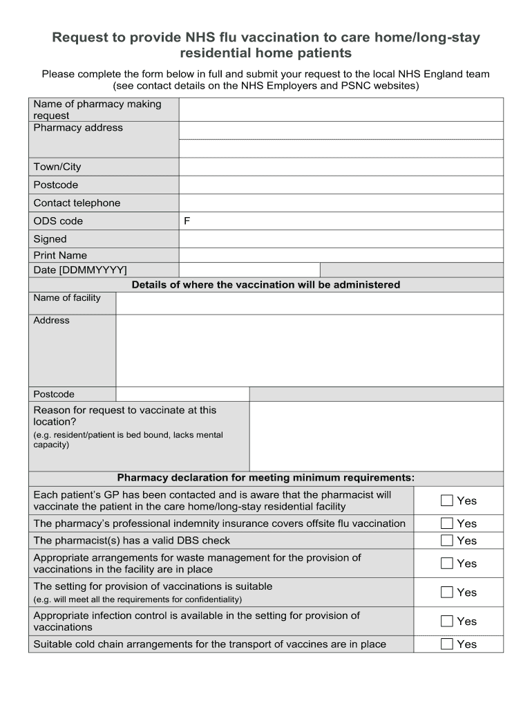 Fillable Online Request to provide NHS flu vaccination to care home ...