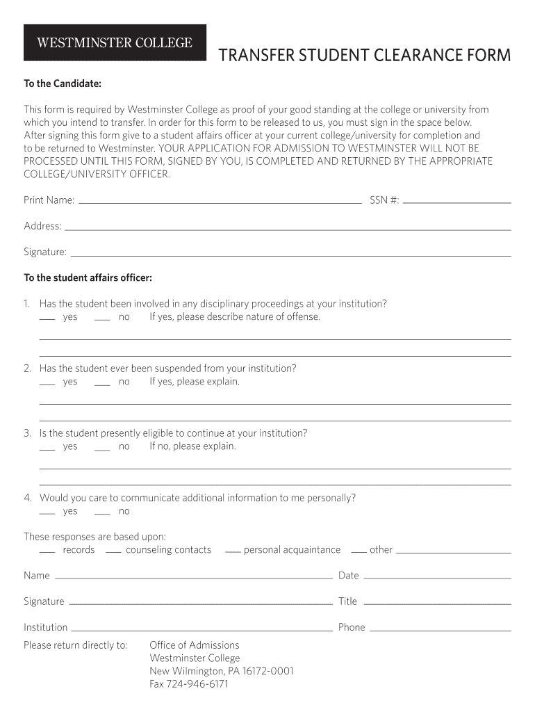 Fillable Online Westminster College Transfer Student Clearance Form Fax ...