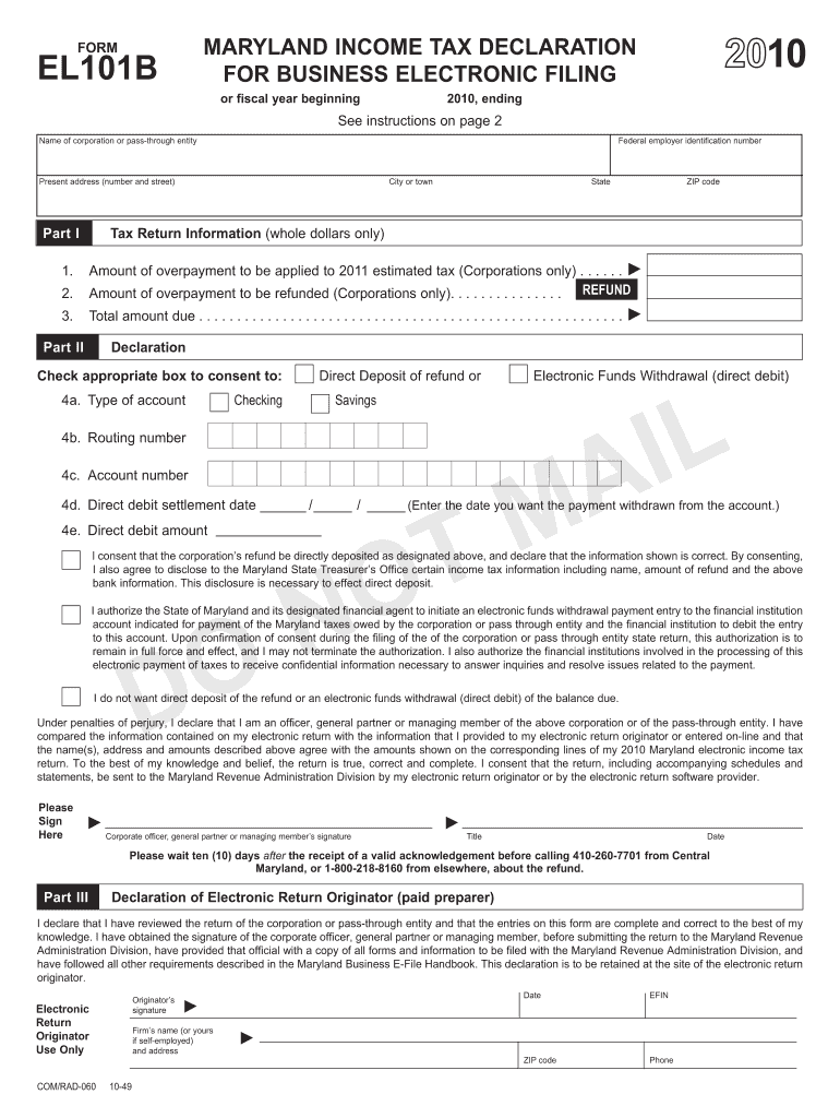 Fillable Online Tax Year 2010 - Form EL101B Maryland Income Tax ...