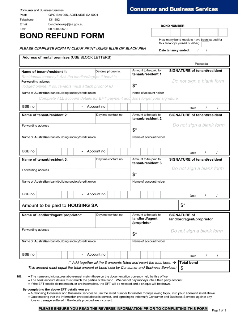 Fillable Online Tenancy Bond Refund Form. Tenancies Forms Fax Email ...