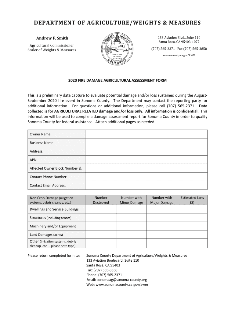 Fillable Online 2020 Fire Damage Agricultural Assessment Form. 2020 ...