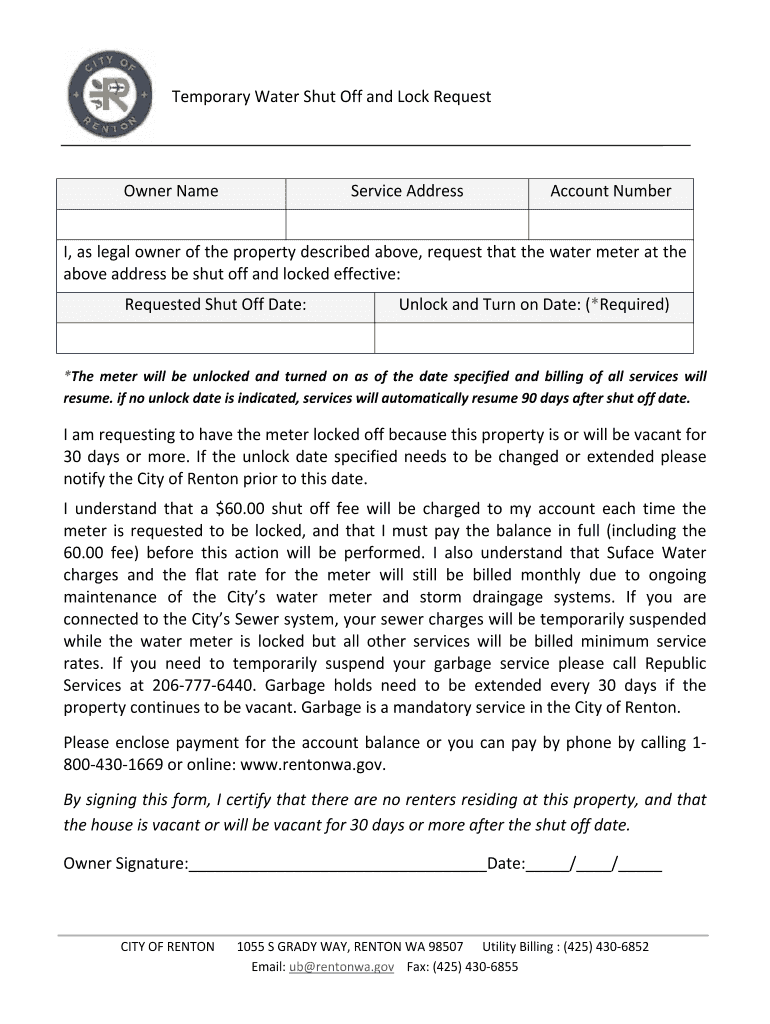 Fillable Online Temporary Water Shut Off and Lock Request Owner Name ...