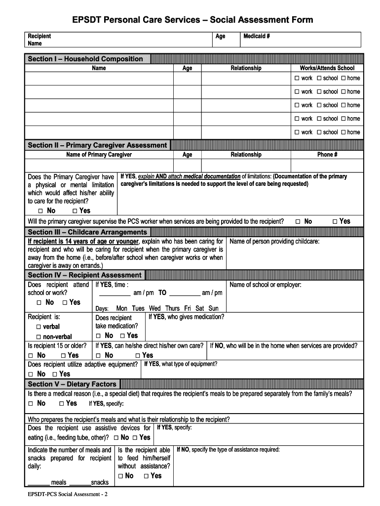 Fillable Online EPSDT - PCS - Social Assessment Form. EPSDT Personal ...