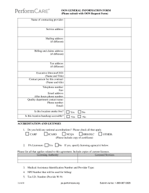 Fillable Online OON General Information Form - PerformCare. OON General ...