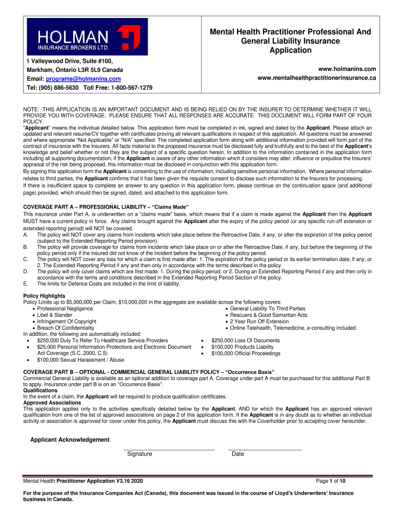 Fillable Online Mental Health Professional And General Liability ...