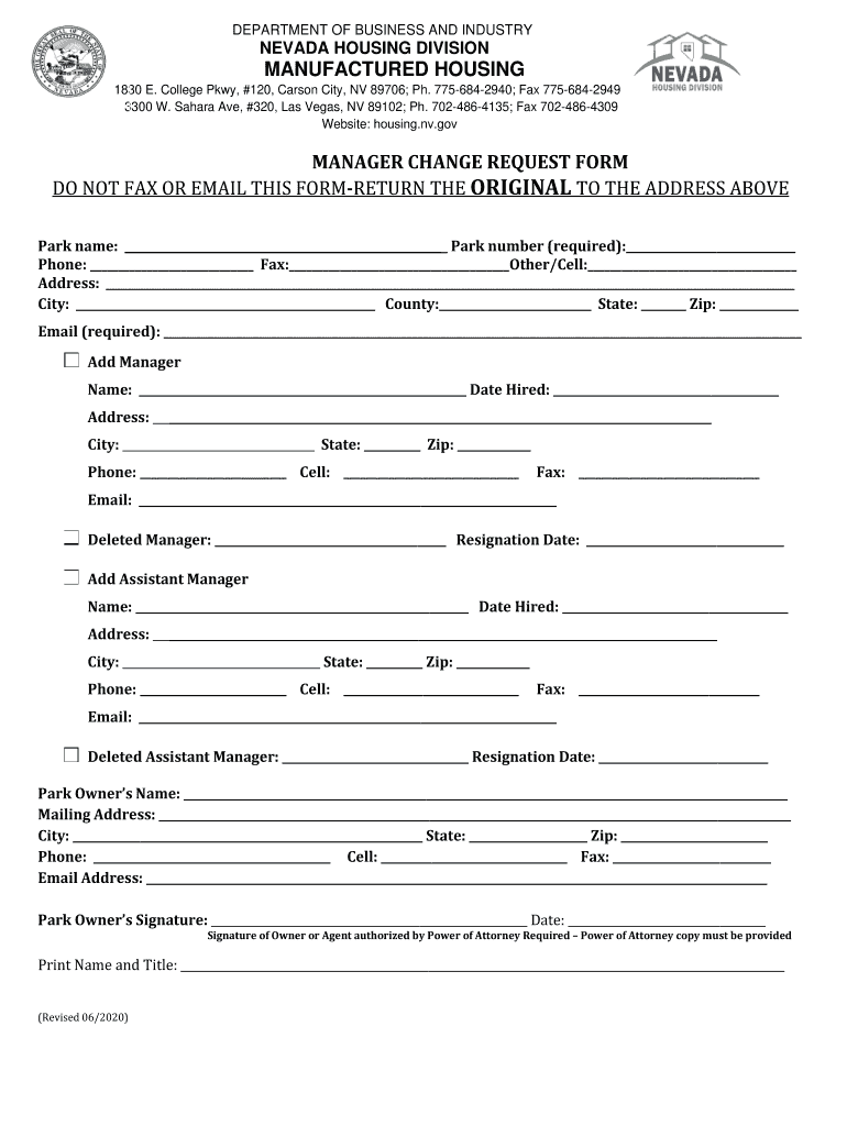 Fillable Online June 2020 MANAGER CHANGE REQUEST FORM Fax Email Print ...
