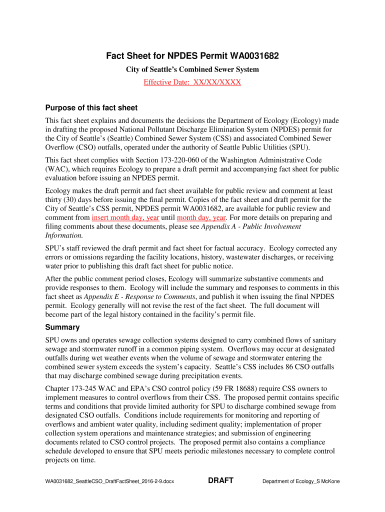 Fillable Online Fact Sheet for NPDES Permit WA0031682. City of Seattle ...
