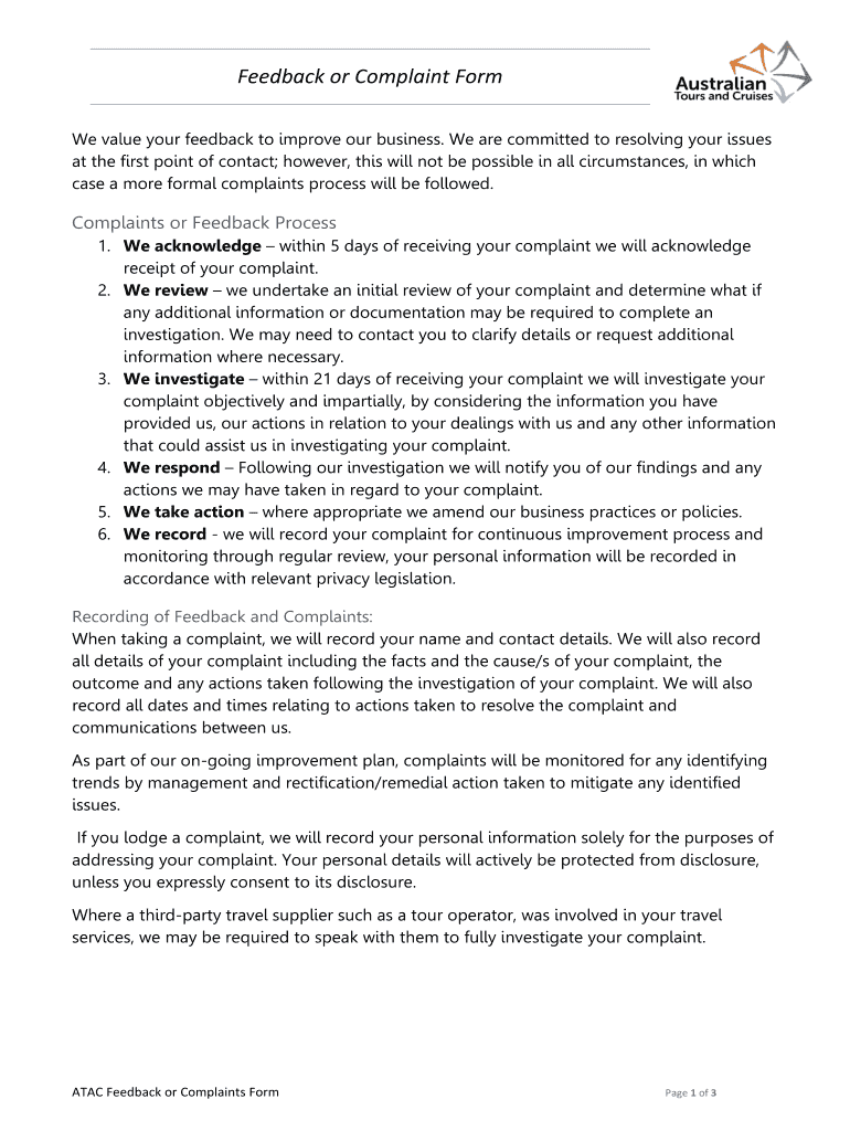 Fillable Online Customer complaints policy and procedure template Fax ...