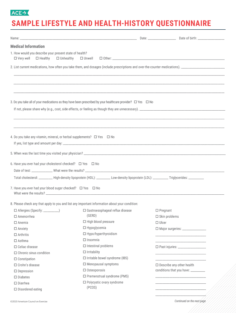 Fillable Online SAMPLE LIFESTYLE AND HEALTH-HISTORY QUESTIONNAIRE Fax ...
