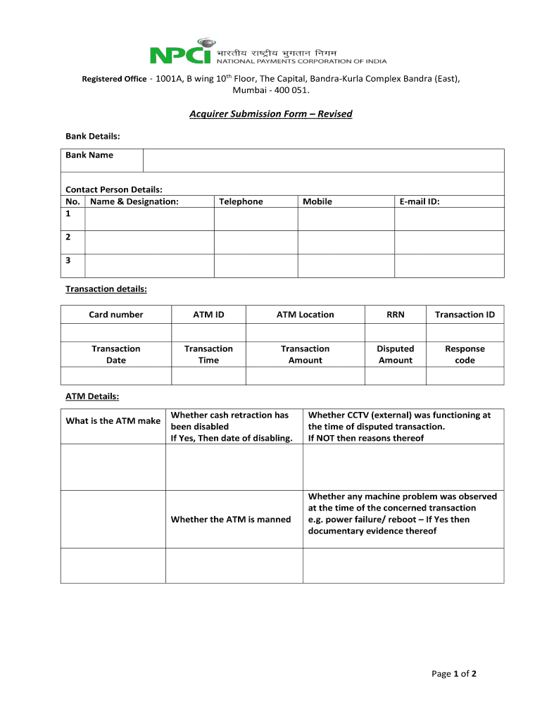 Fillable Online Acquirer Submission Form Revised - NPCI Fax Email Print - pdfFiller