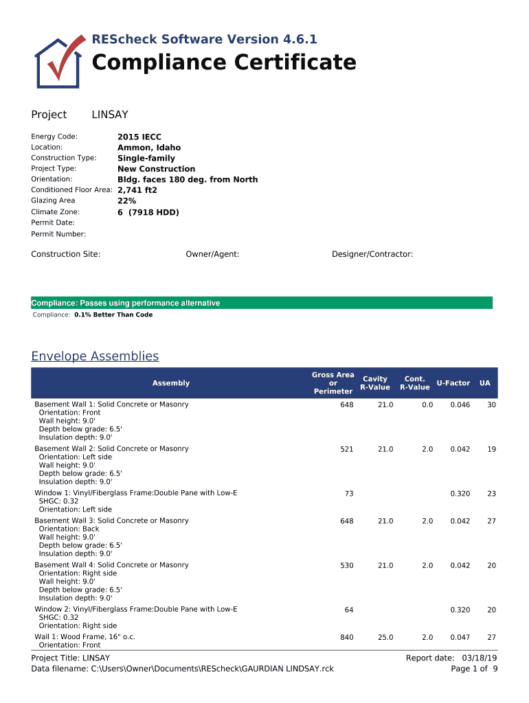 Fillable Online Compliance Certificate - RescheckEZ - REScheck energy ...