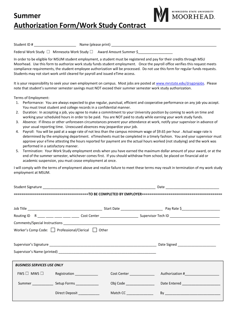 Fillable Online Authorization Form/Work Study Contract Fax Email Print ...