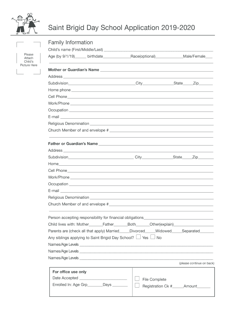 Fillable Online Saint Brigid Day School Application 2019-2020 Fax Email ...