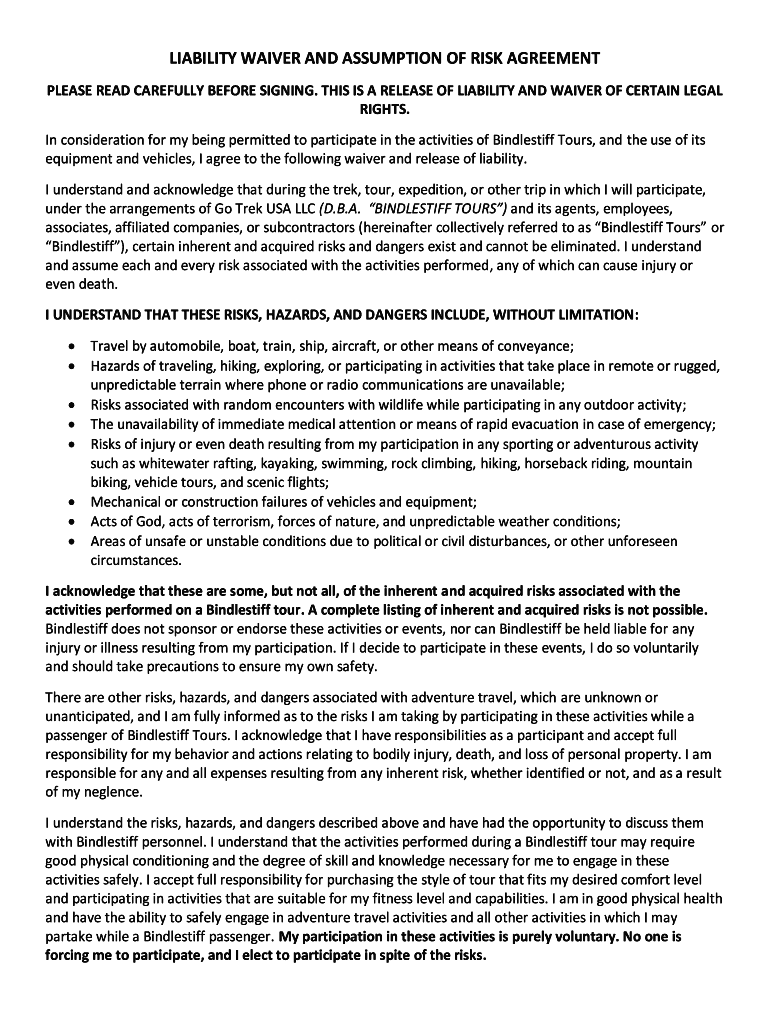 Fillable Online ASSUMPTION OF RISKS, RELEASE OF LIABILITY AND WAIVER OF ...