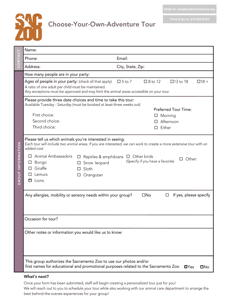 Fillable Online Adventure Tour form - saczoo.org Fax Email Print ...