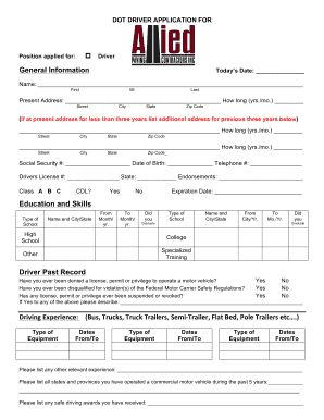 Fillable Online 100 DOT DRIVER APPLICATION FORM (New) - Employee Name ...