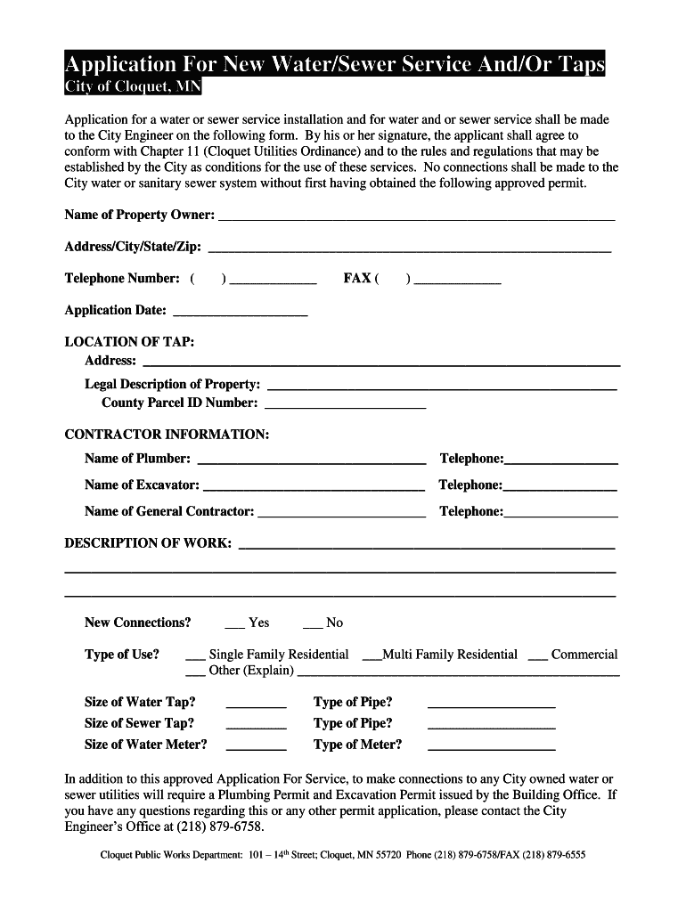 Fillable Online Application For New Water/Sewer Service And/Or Taps Fax ...