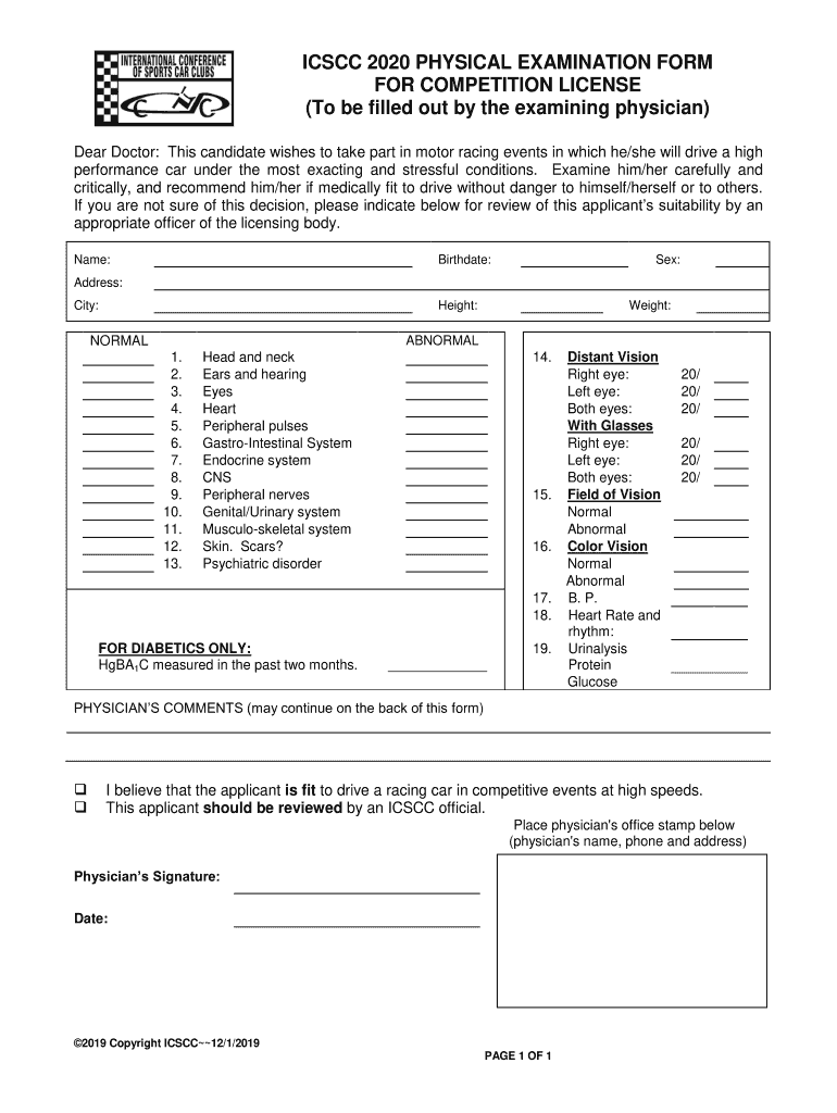 Fillable Online Competition License Physical Exam Form Fax Email Print ...