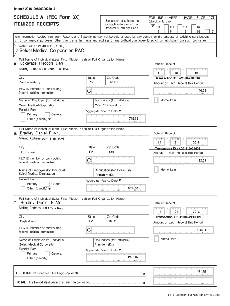 Fillable Online ITEMIZED RECEIPTS Select Medical Corporation PAC Fax ...