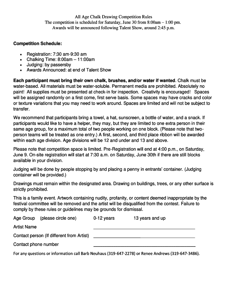 Fillable Online All Age Chalk Drawing Competition Rules The competition ...