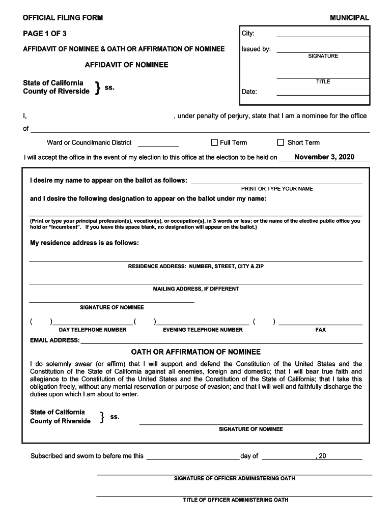 Fillable Online OFFICIAL FILING FORM MUNICIPAL PAGE 1 OF 3 AFFIDAVIT OF ...