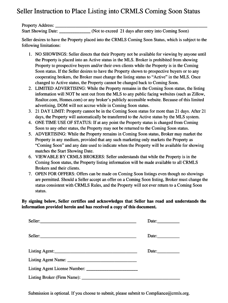 Fillable Online Seller Instruction to Place Listing into CRMLS Coming Soon Status Fax Email ...