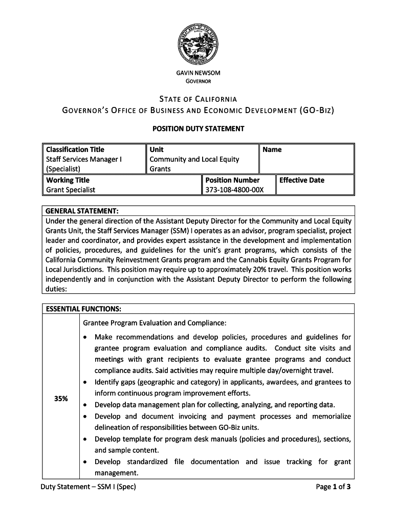 Fillable Online SSM I Sp Duty Statement. Staff Services Manager I (Spec) Fax Email Print - pdfFiller