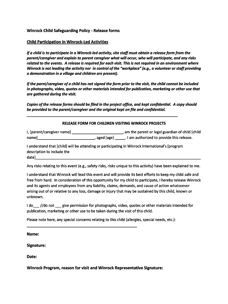 Fillable Online Winrock Child Safeguarding Policy - Release forms Fax ...