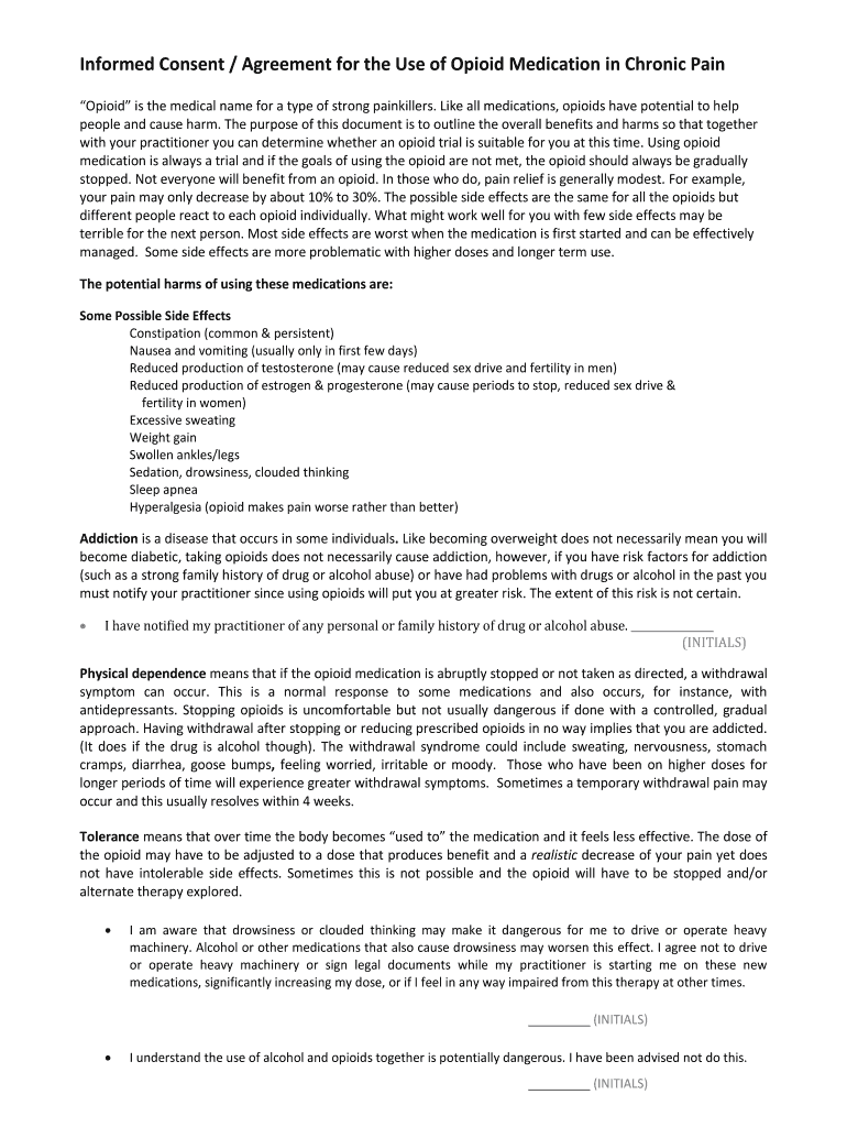 Fillable Online Informed Consent / Agreement for the Use of Opioid ...