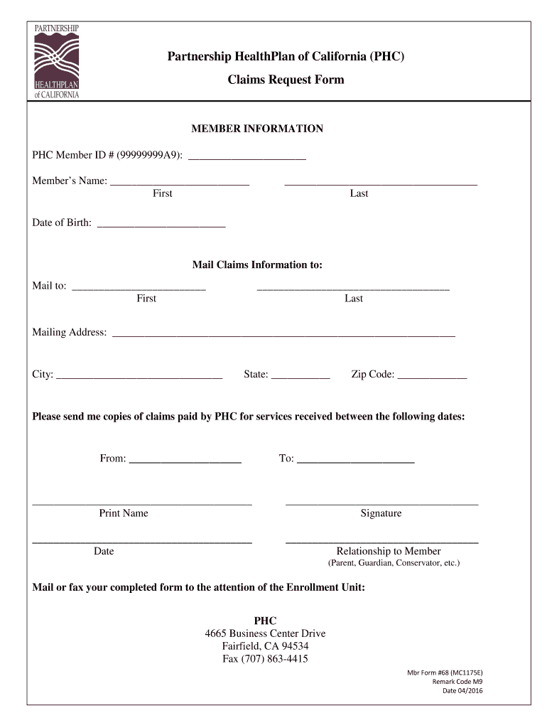 Fillable Online Partnership HealthPlan of California (PHC) Claims ...