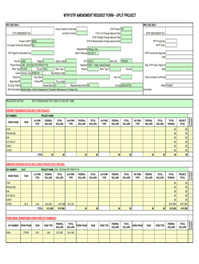 Fillable Online MTIP/STIP AMENDMENT REQUEST FORM -- SPLIT PROJECT Fax ...