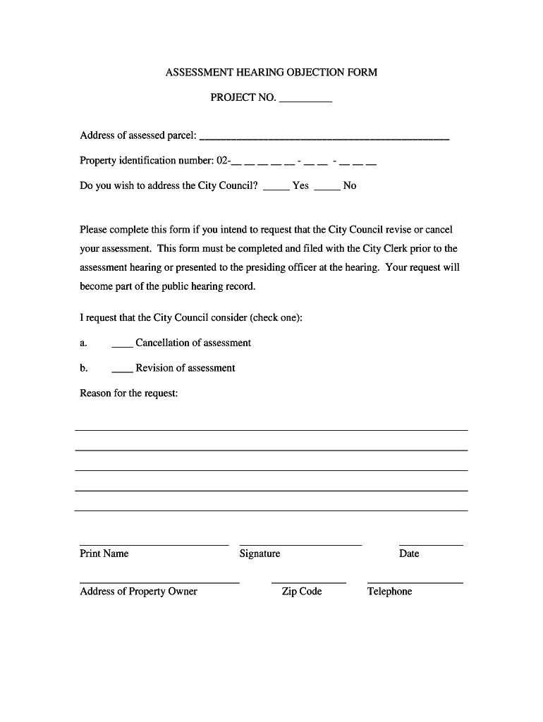 Fillable Online ASSESSMENT HEARING OBJECTION FORM Fax Email Print ...
