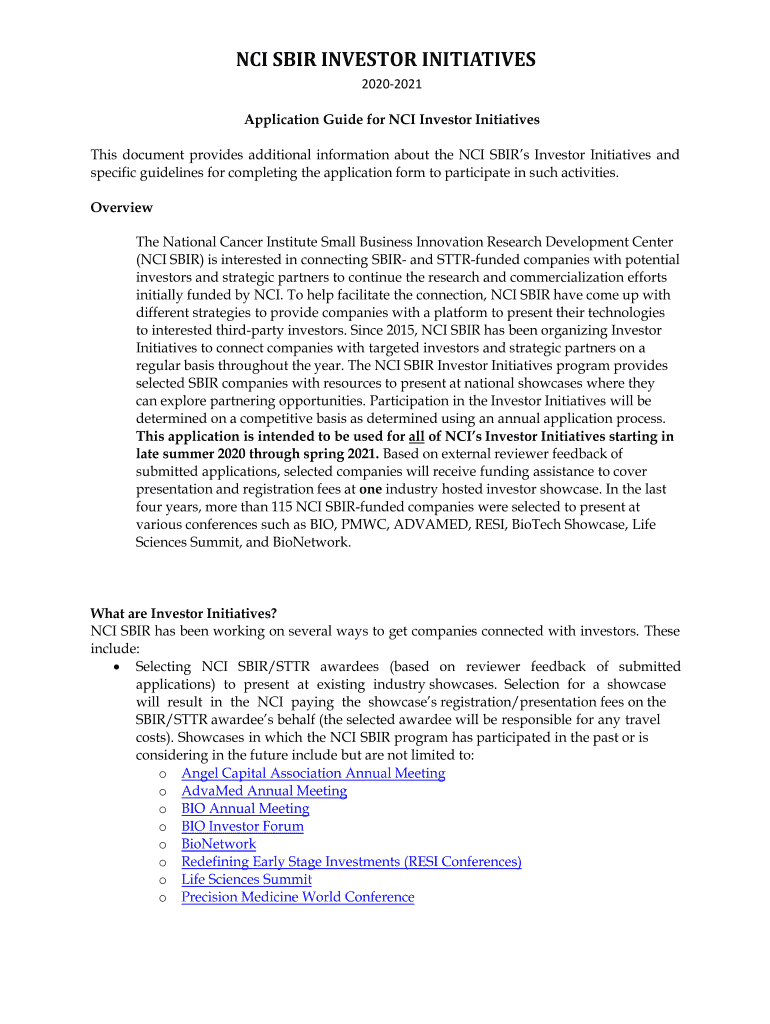 Fillable Online Application Guide for NCI Investor Initiatives. Form ...