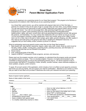 Fillable Online Great StartParent Mentor Application Form Fax Email ...