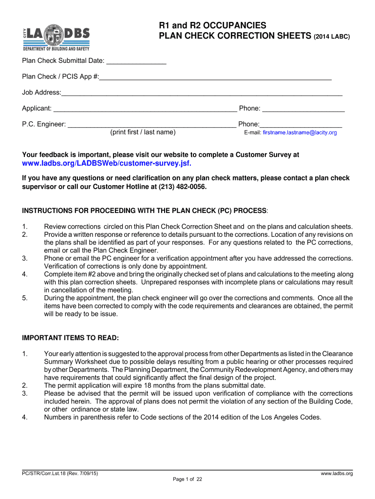 Fillable Online R1 and R2 Occupancies Plan Check Correction Sheets ...