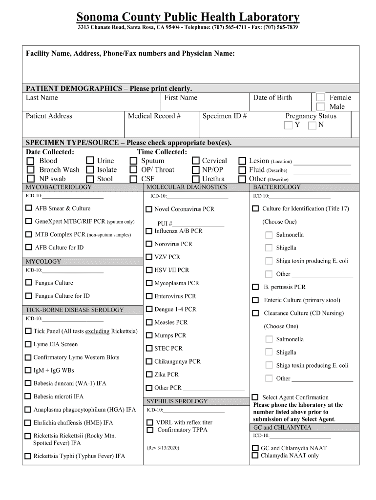 Fillable Online Sonoma County Public Health Laboratory Requisition Form ...