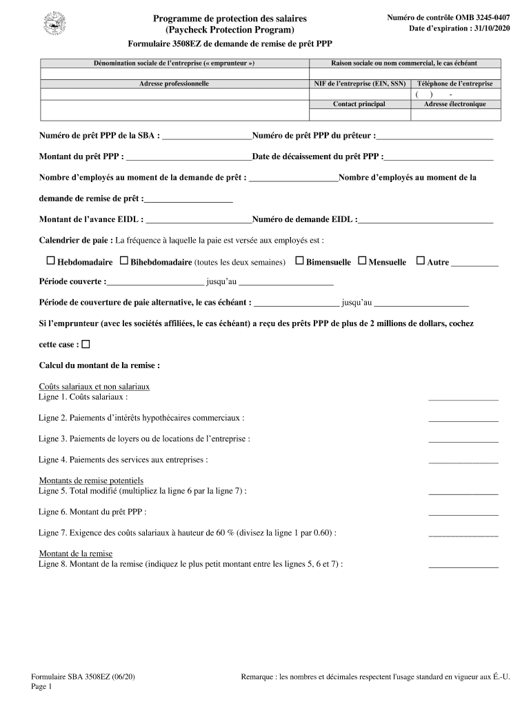 Remplissable En Ligne Programme de protection des salaires (Paycheck Protection Program ...