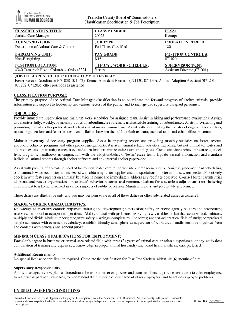 Fillable Online CLASSIFICATION TITLE CLASS NUMBER: FLSA: Fax Email ...