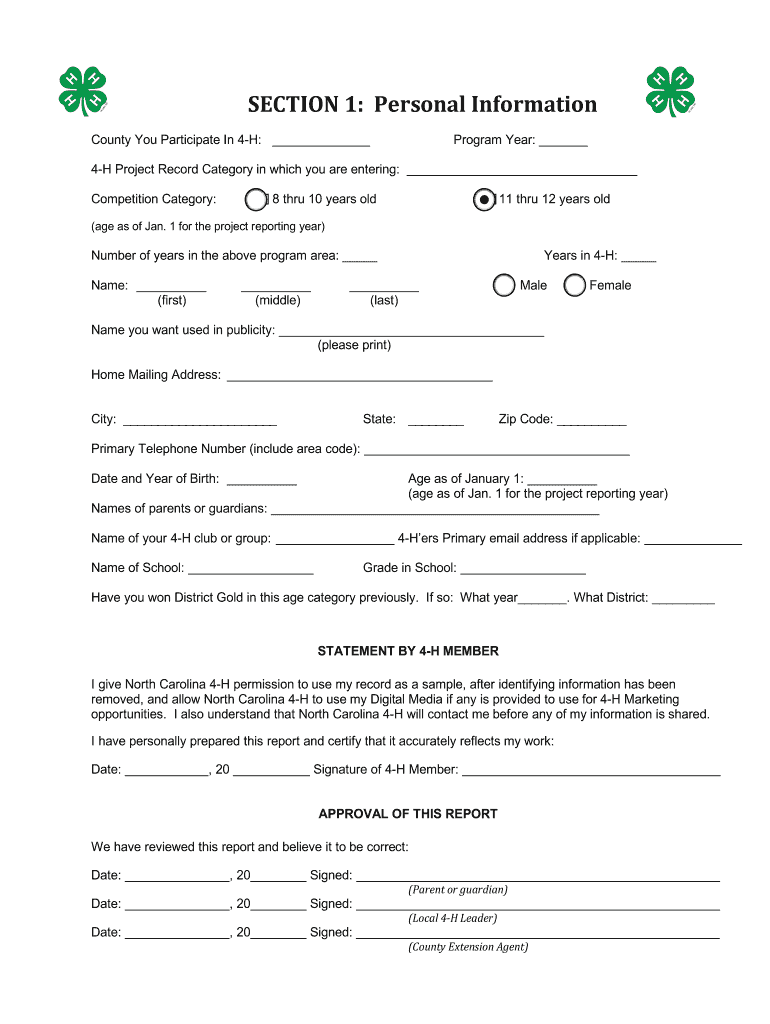 Fillable Online nc4h ces ncsu Each 4-H member should complete their 4-H ...