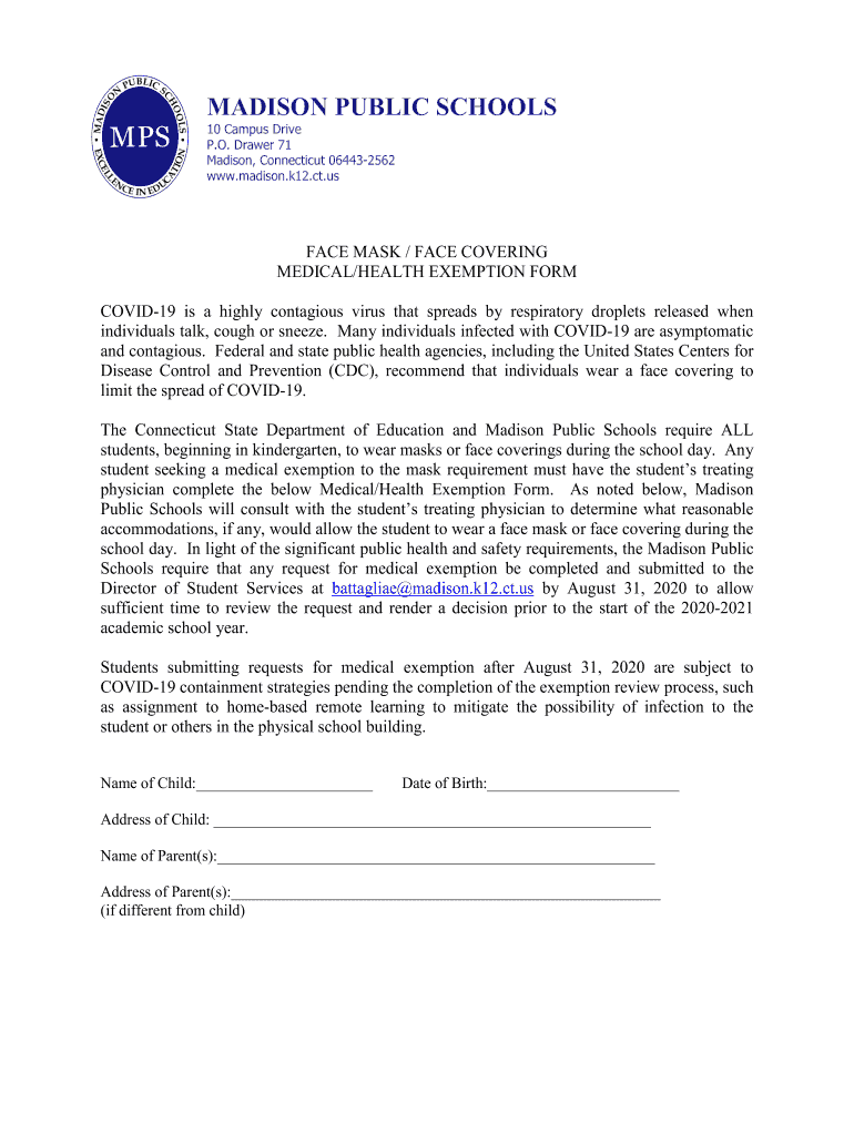 Fillable Online Face Mask Face Coverning Medical Health Exemption Form ...