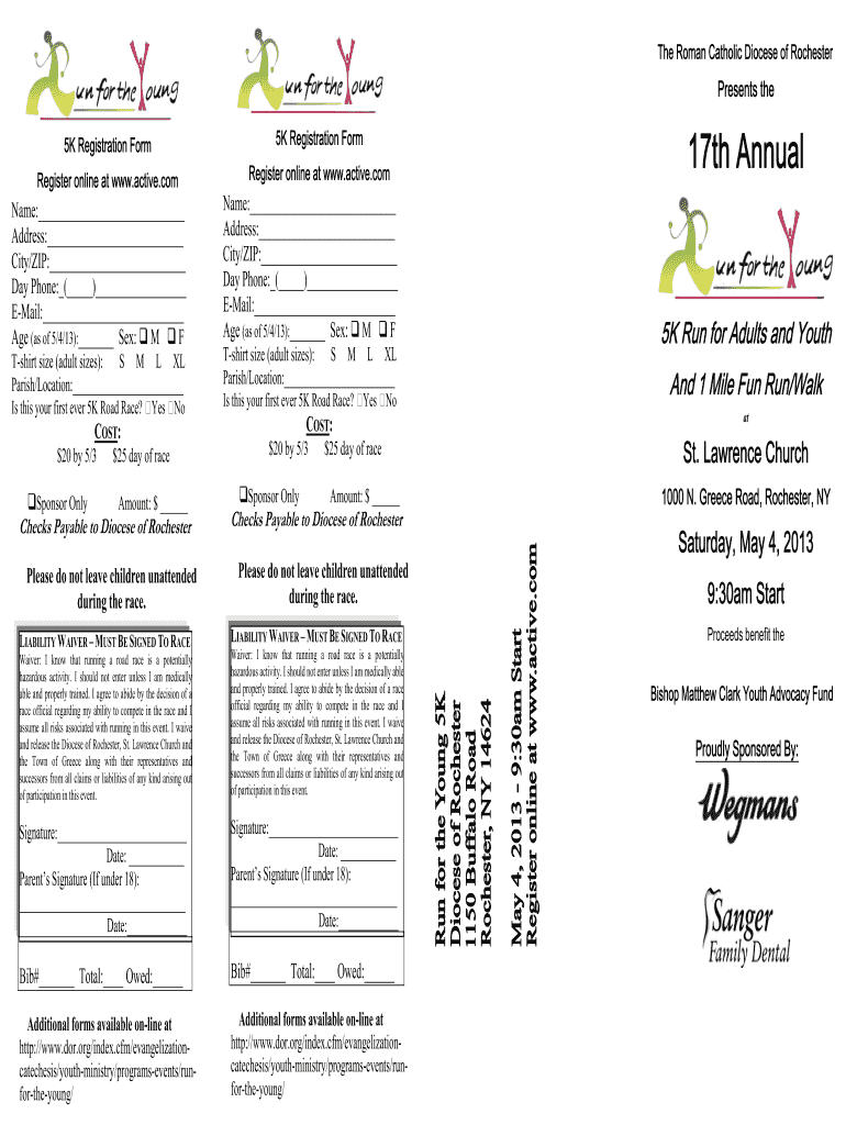 Fillable Online 5K Registration Form.. - Diocese of Rochester Fax Email ...